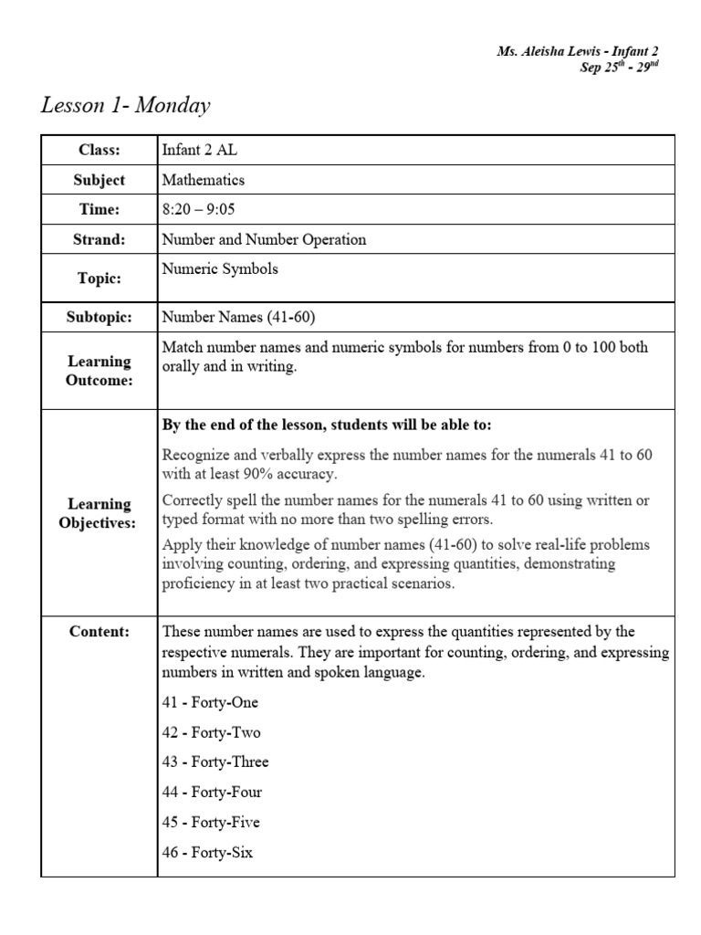 Math - Lesson Plans - Sep 25 - 29 | PDF | Mathematics | Numbers
