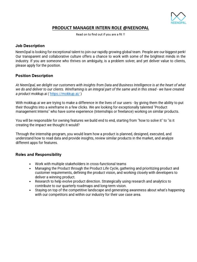 JD - Product Manager (Internship) | PDF | Internship | Job Hunting