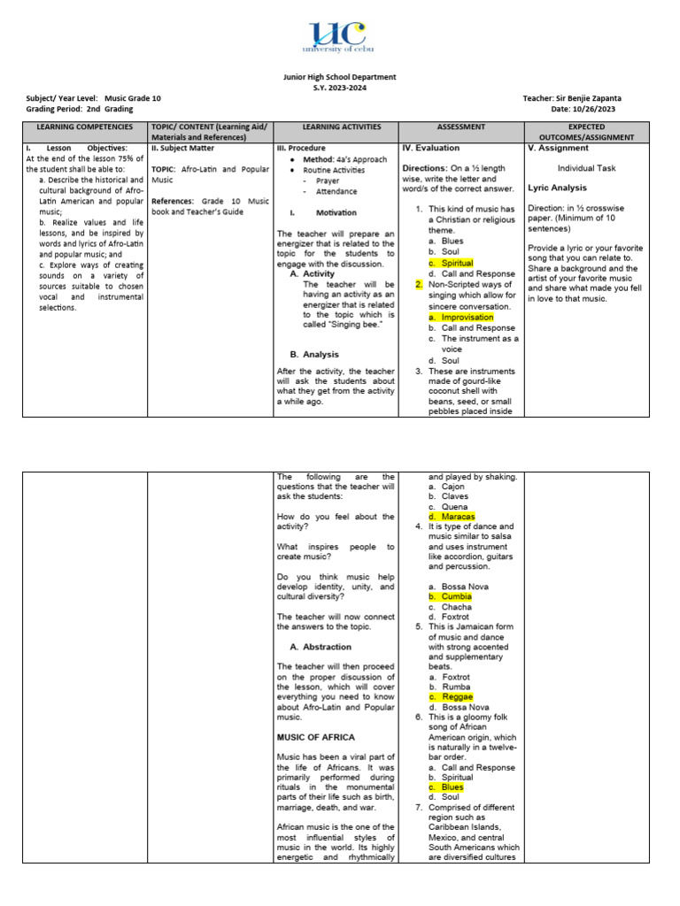 JHS-Lesson-Plan-Afro-Latin and Popular Music | PDF | Ballroom Dance ...