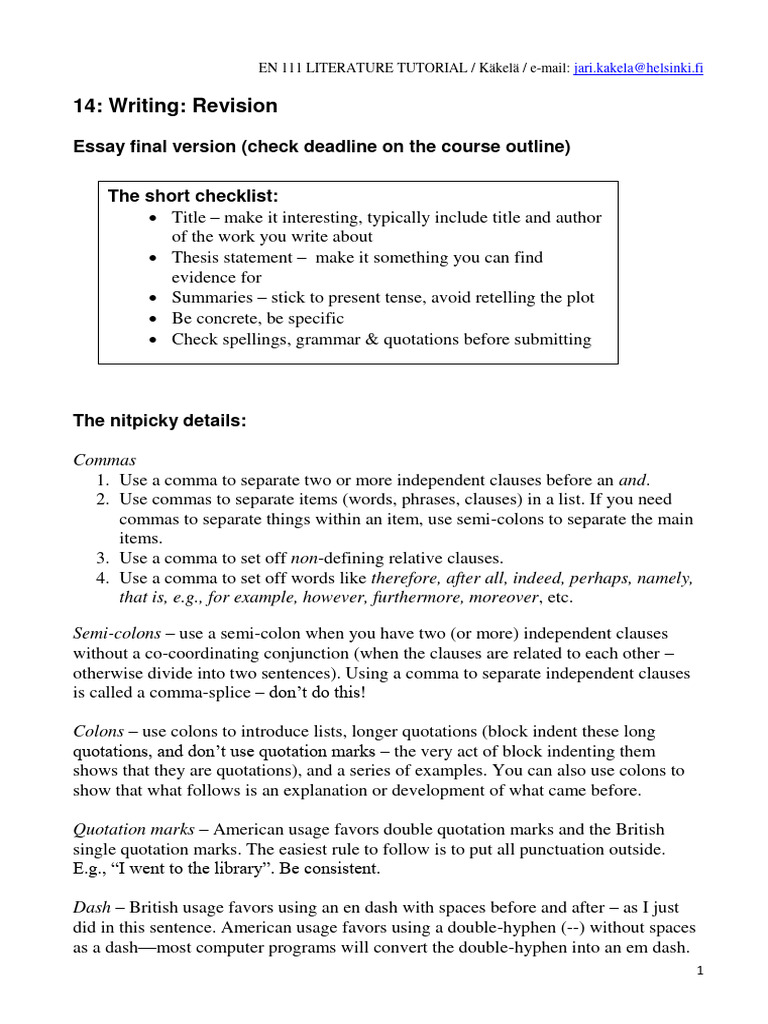 EN111 14 Writing-Revision Handout | PDF | Comma | Quotation Mark