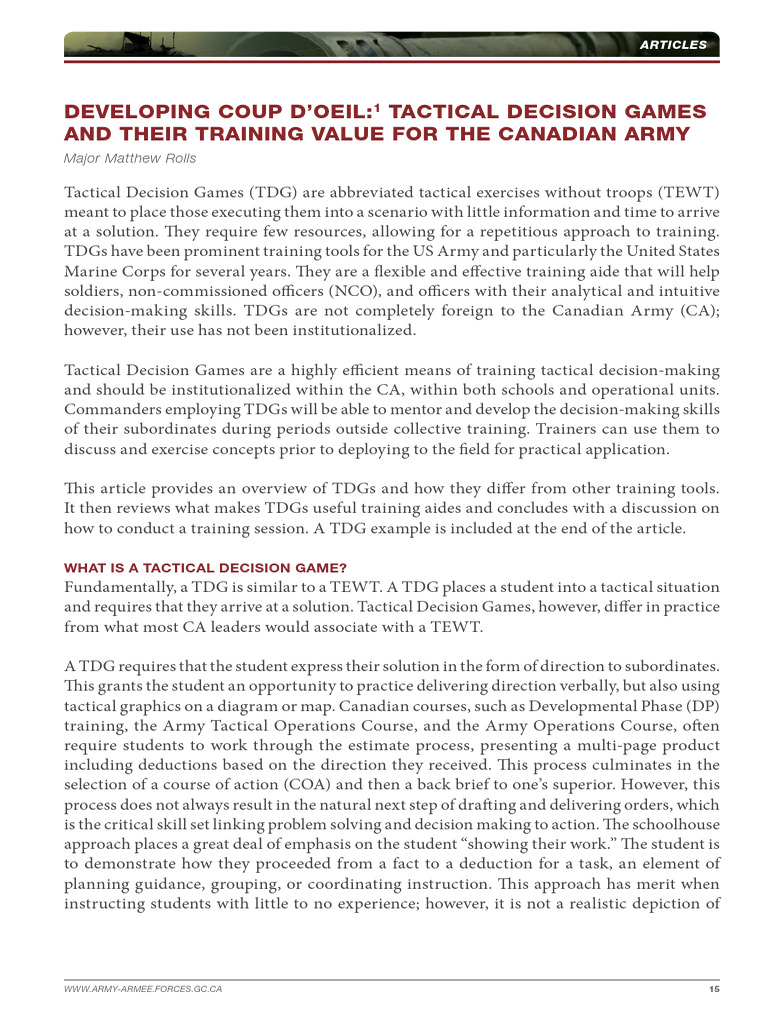 Developing Coup Doeil 1 Tactical Decision Games and Their Training Value For The Canadian Army ...