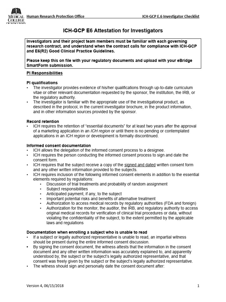 IRB Form ICHGCPE6 PI Attestation | PDF | Clinical Trial | Institutional ...
