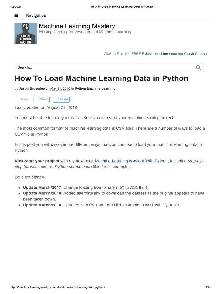 How To Load Machine Learning Data in Python | PDF | Comma Separated Values | Machine Learning