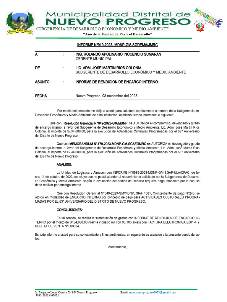 Informe N°919 Rendicion de Encargo Interno | PDF