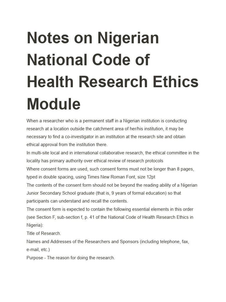 Notes On Nigerian National Code of Health Research Ethics Module ...