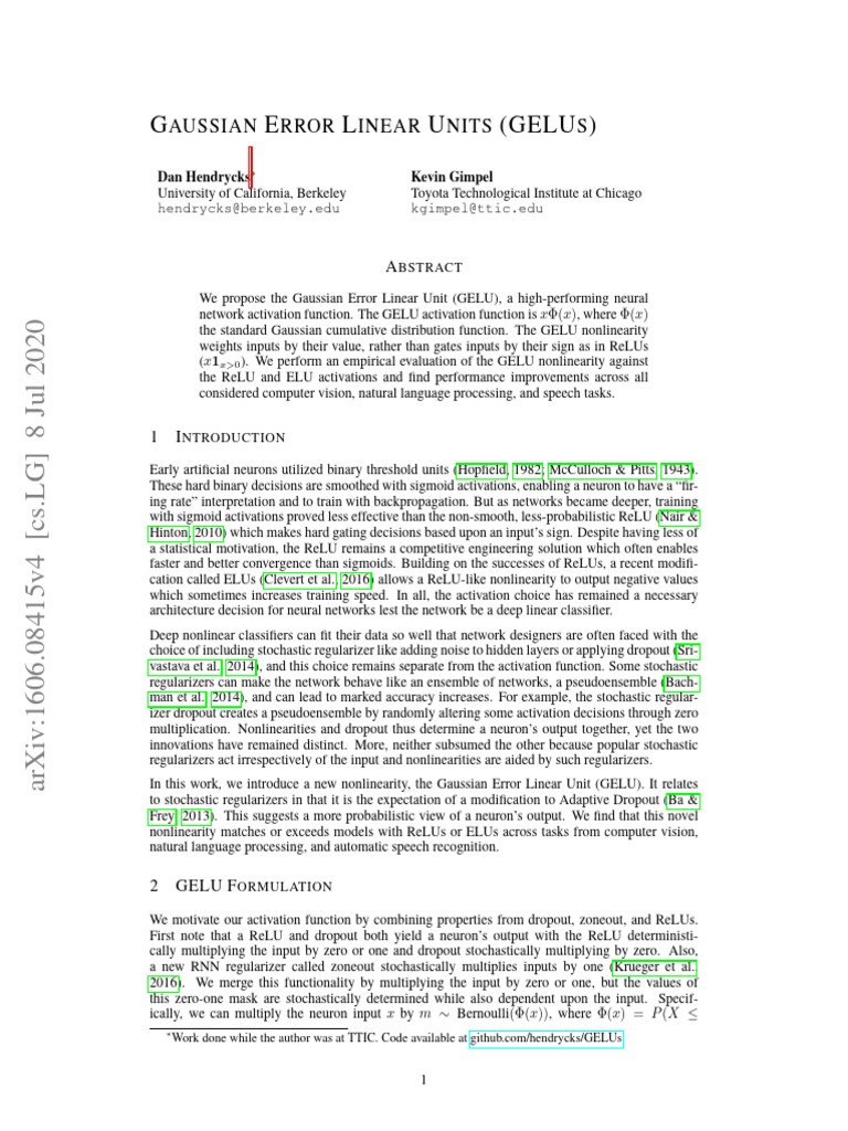 (2020) Gaussian Error Linear Units (Gelus) | PDF | Artificial Neural ...