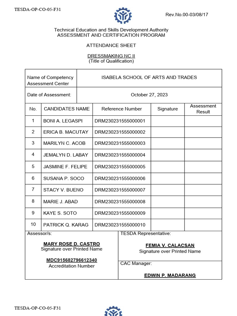 Sample of Attendance Sheet | PDF | Vocational Education