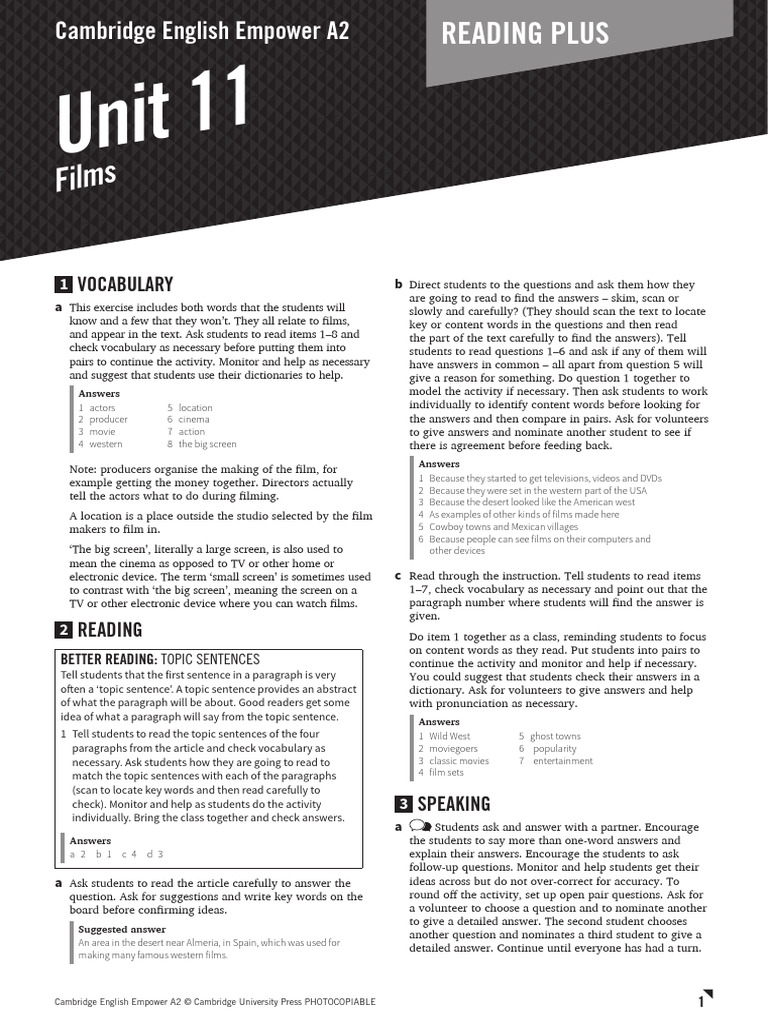 Cambridge English Empower Empower A2 Reading Plus Teacher U11 Worksheet | PDF | Vocabulary ...
