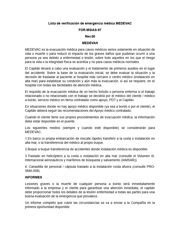 Lista de Verificación de Emergencia Médica MEDEVAC | PDF | Ambulancia | Hospital
