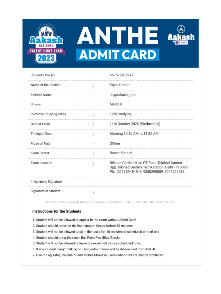 ANTHE Exam Admit Card for Kajal Kumari | PDF