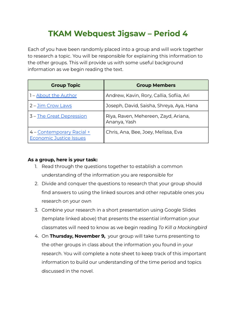 P4: TKAM Webquest Jigsaw | PDF | Harper Lee | Jim Crow Laws