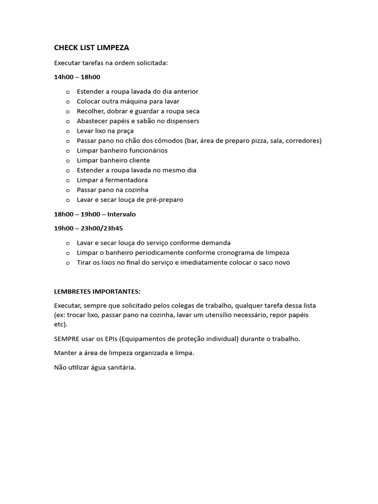 CHECK LIST LIMPEZA | PDF