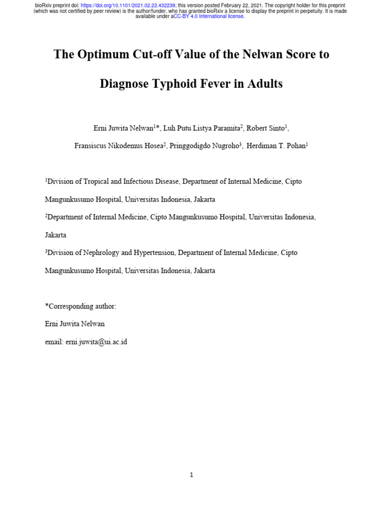 The Optimum Cut Off Value of The Nelwan Score To Diagnose Typhoid Fever in Adults | PDF ...