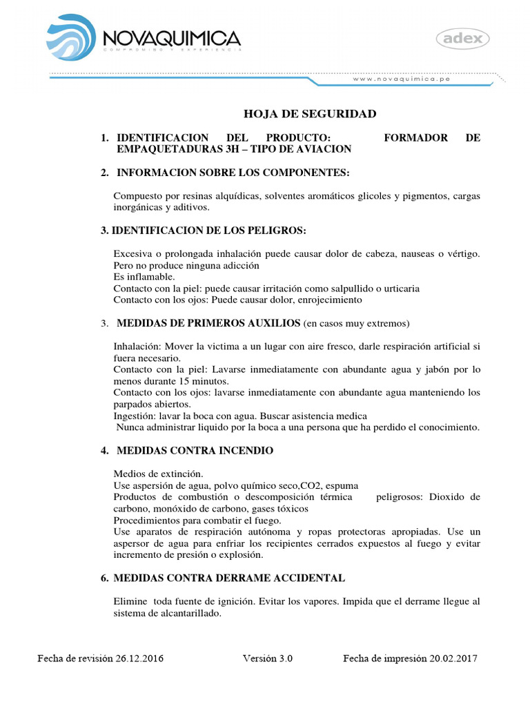MSDS_FORMADOR DE EMPAQUETADURAS 3H-ADEX | PDF | Agua | Química