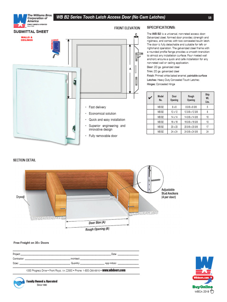 WB B2 Series Touch Latch Access Door With No Cam Latches Submittal | PDF | Door
