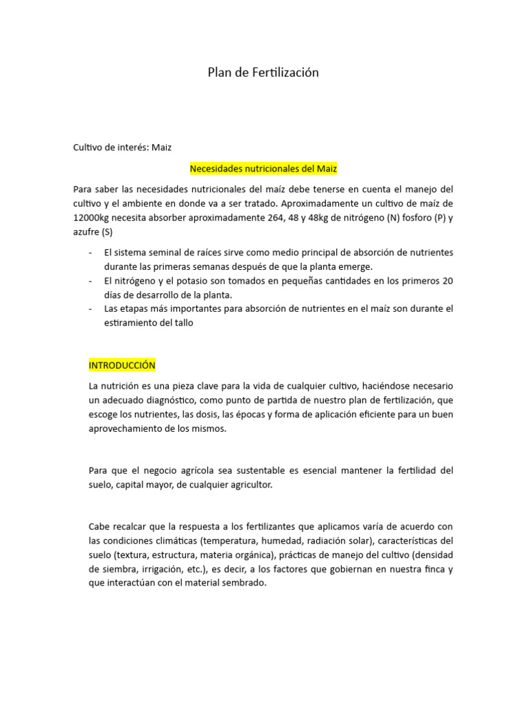 Plan de Fertilizacion | PDF | Fertilizante | Nutrientes