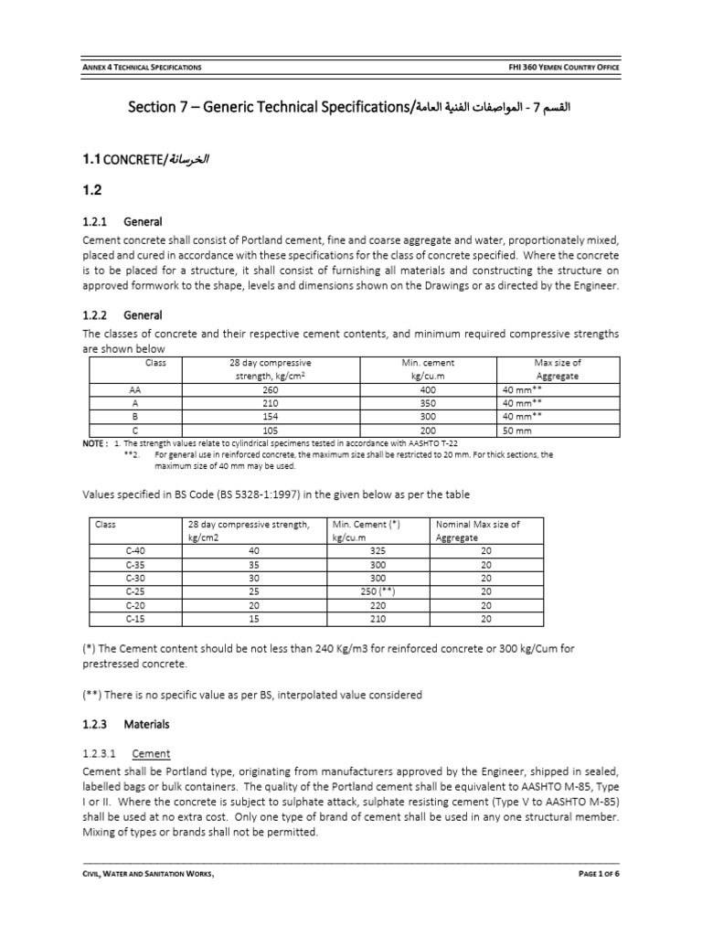 Annex 4.1 - Technical Specifications - Civil Works | PDF | Concrete | Cement