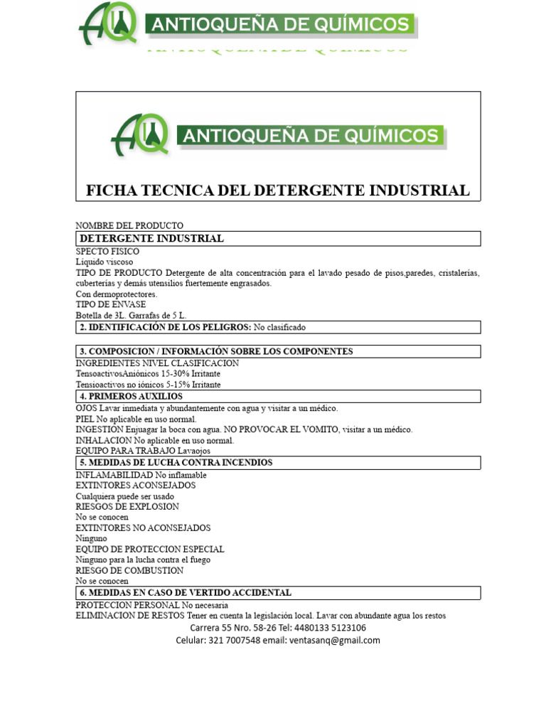 Ficha Tecnica Detergente Industrial | PDF | Agua | Solubilidad