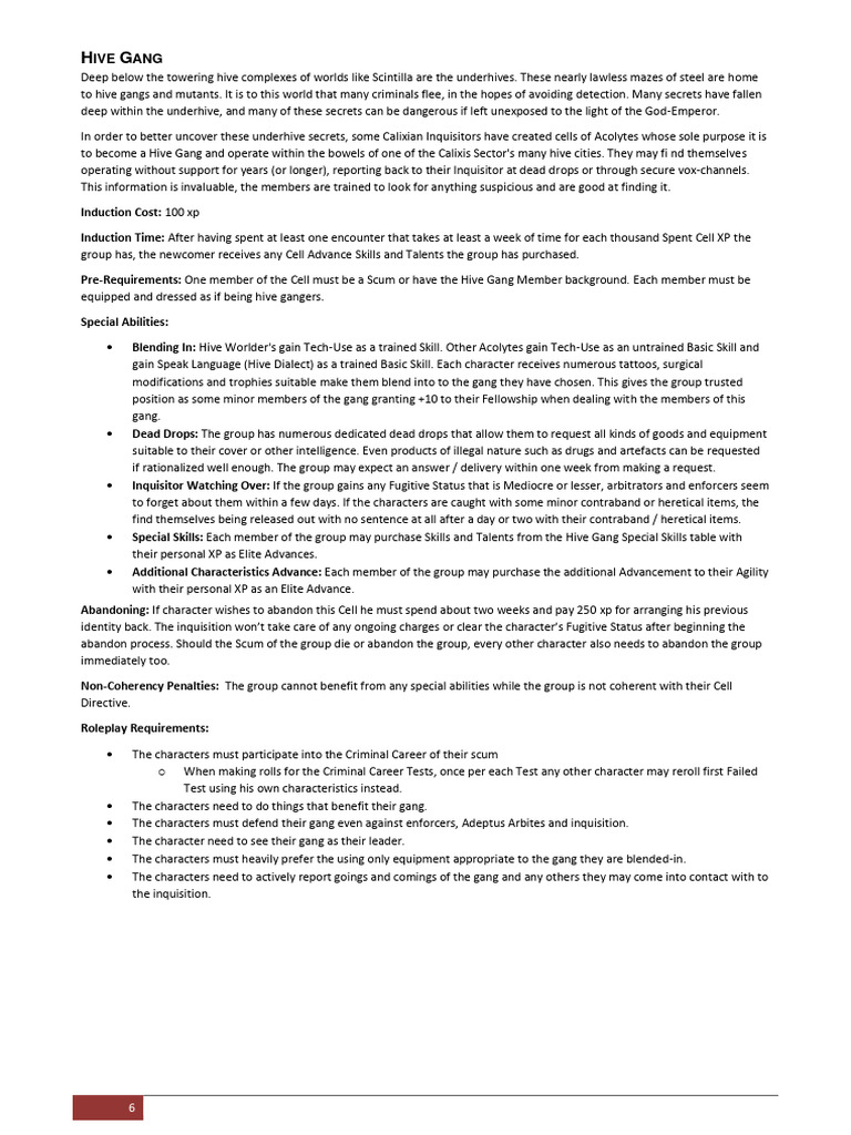Advanced Dark Heresy - Cell Directives - Hive Gang Fillable | PDF