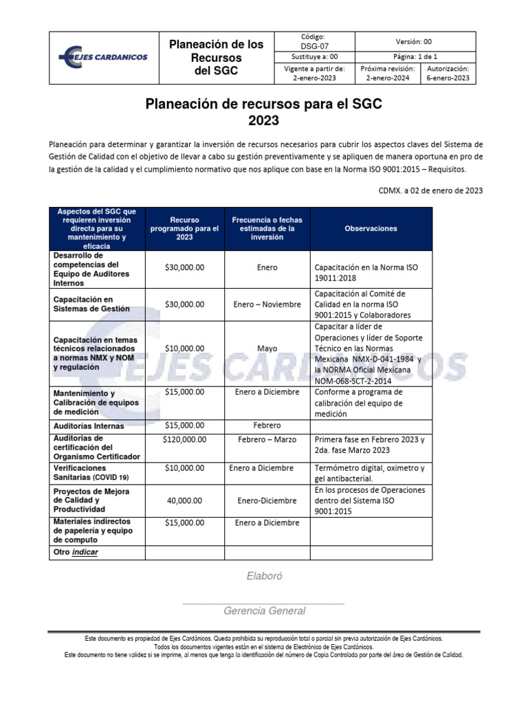 Planeación de Recursos SGC 2023 | PDF | Sistema de manejo de calidad ...