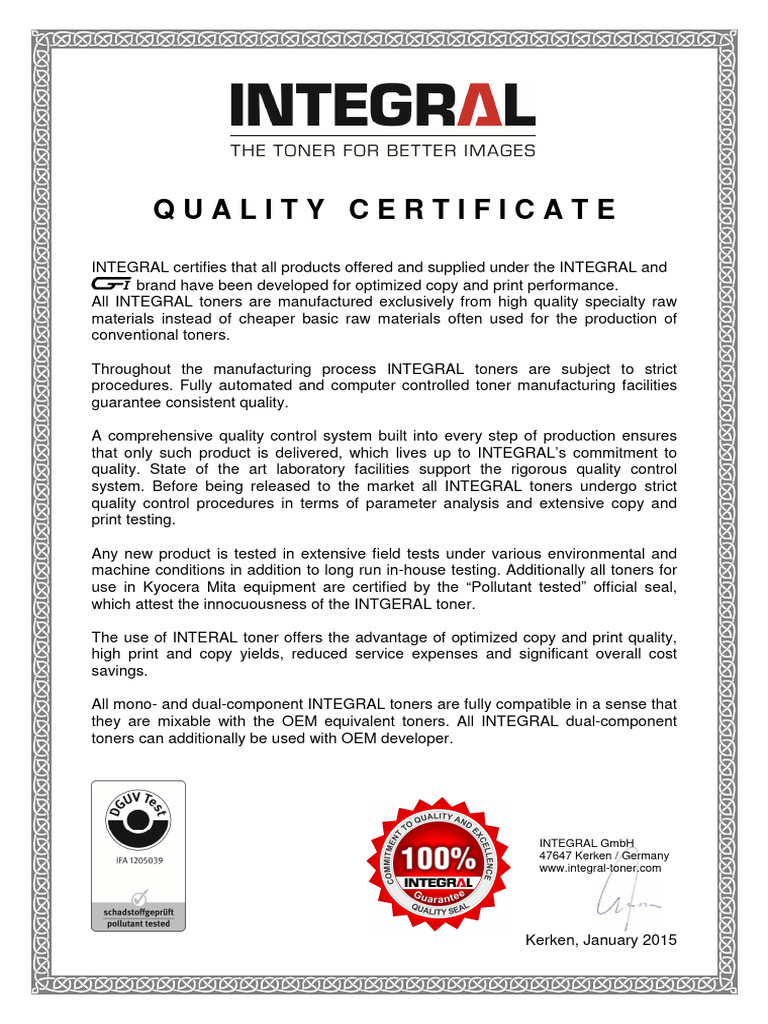 Integral Quality Certificate | PDF
