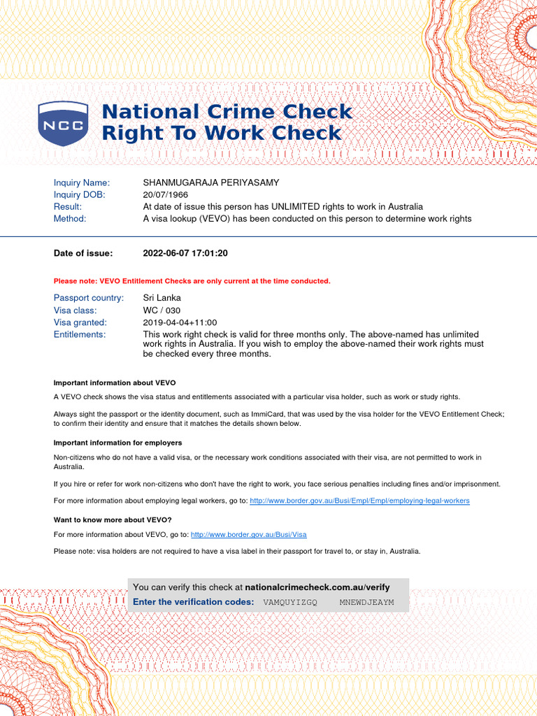 VEVO Work Rights Check for Visa WC/030 | PDF | Finance & Money ...