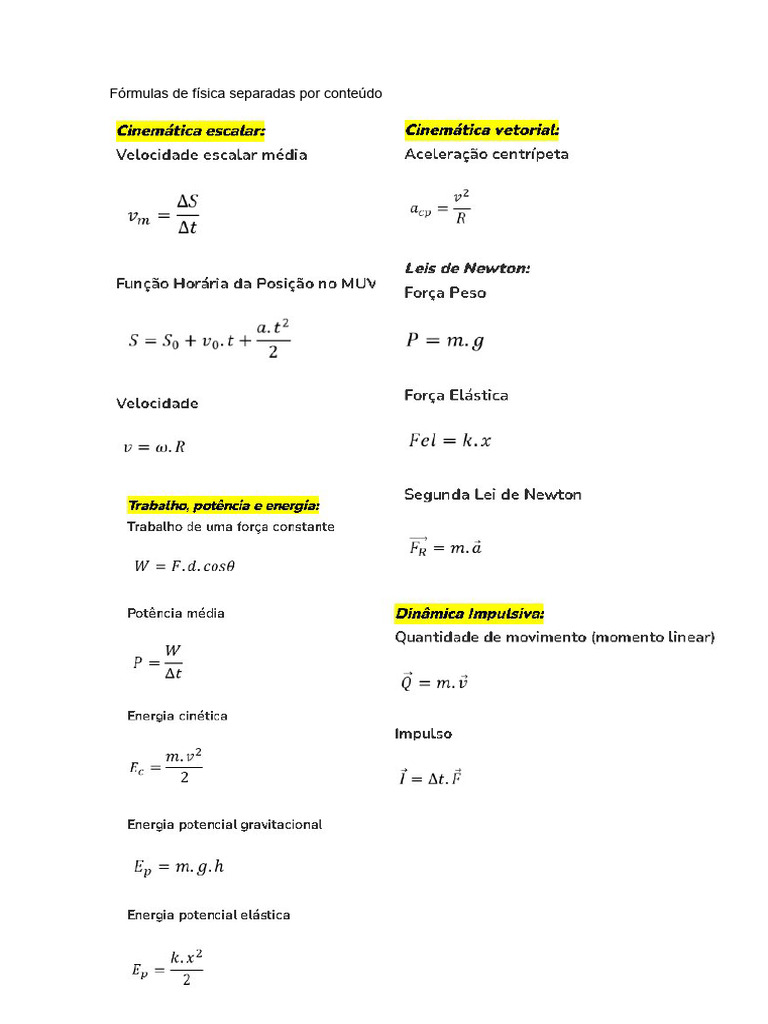fórmulas de física para enem | PDF | Velocidade | Ondas