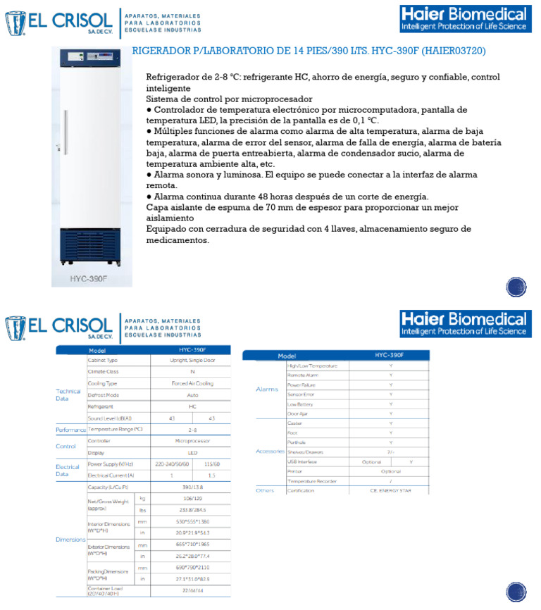 Refrigerador Plaboratorio de 14 Pies390 Lts. Hyc-390f Haier03720 | PDF