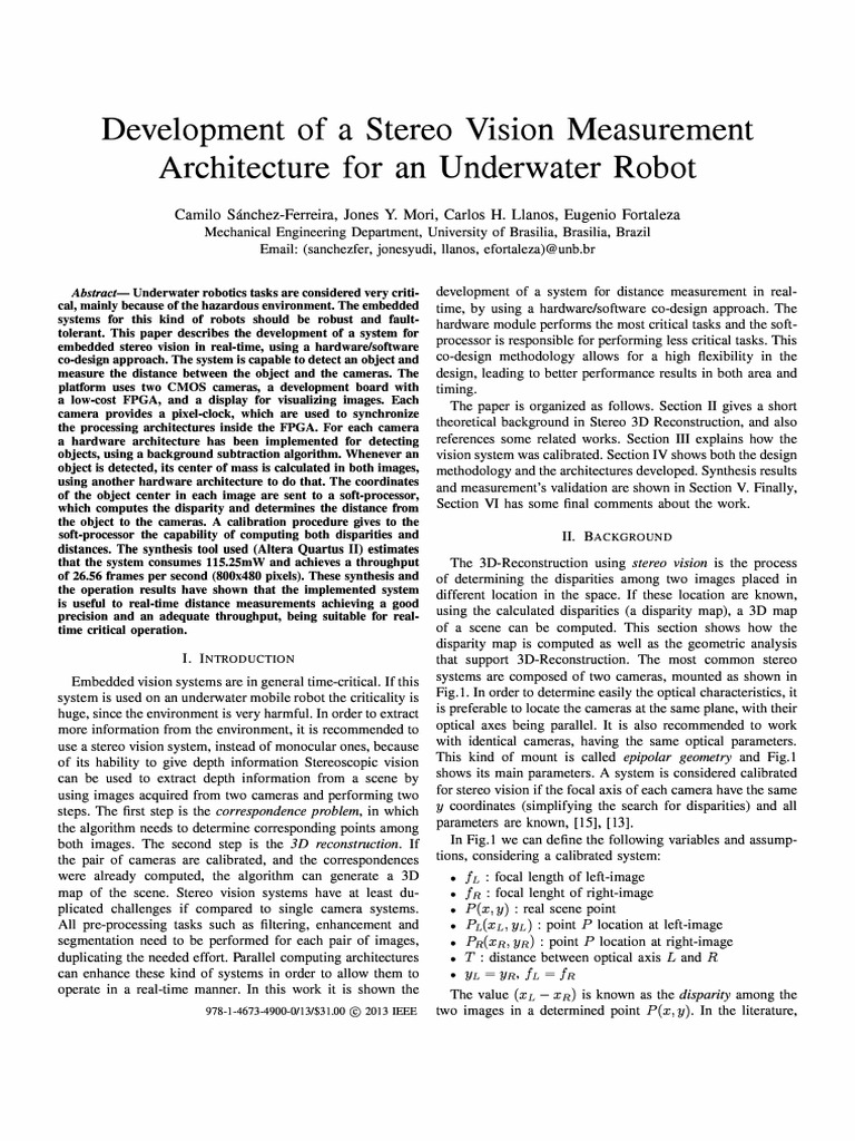 Development of A Stereo Vision Measurement Architecture For An Underwater Robot | PDF | Field ...