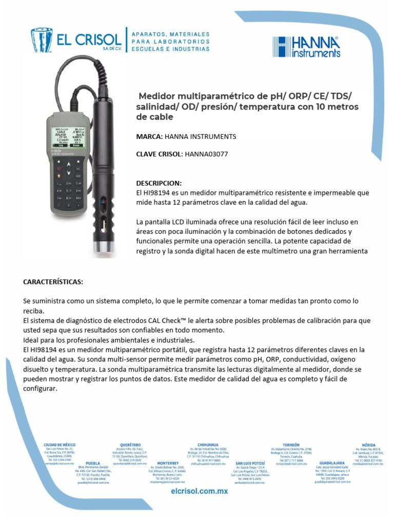 Medidor Multiparamétrico de PH ORP CE TDS Salinidad OD Presión Temperatura Con 10 Metros de ...