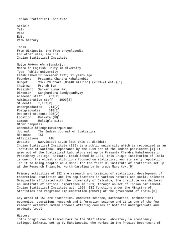 Indian Statistical Institute Overview | PDF | Science