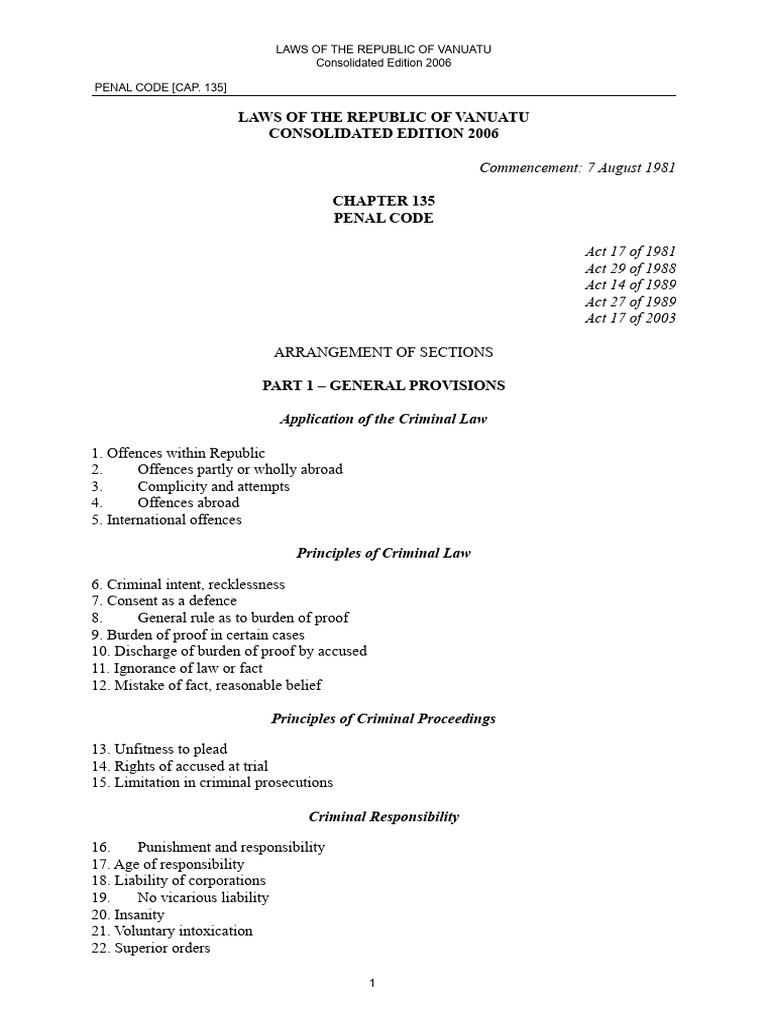 Vanuatu Penal Code Overview 2006 | PDF | Burden Of Proof (Law ...