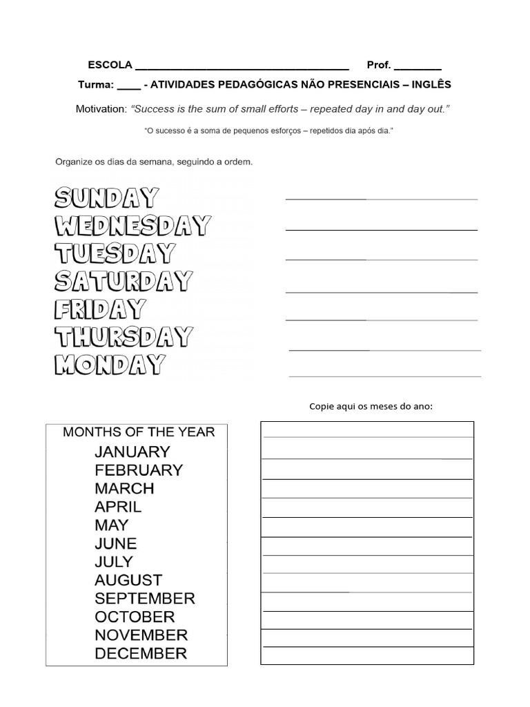 Days of The Week and Months of The Year | PDF