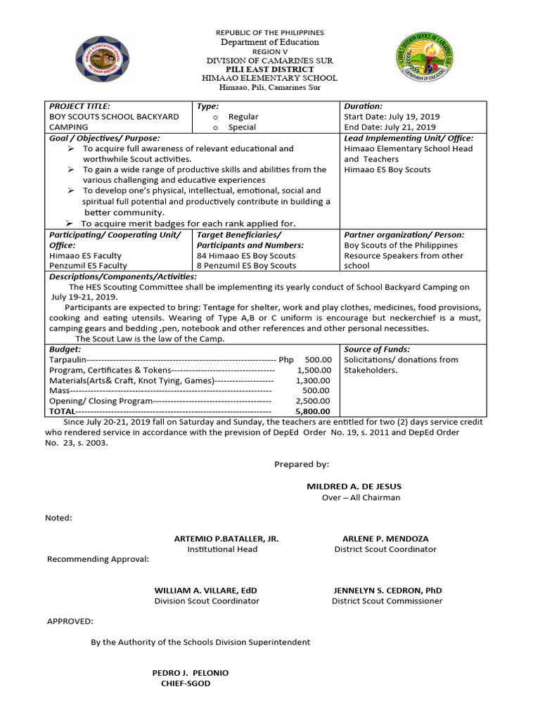 Project Proposal For BSP School Backyard Camping | PDF | Scouting | Youth Movements