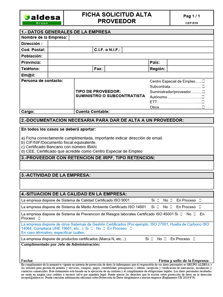 CEP R10 FICHA SOLICITUD ALTA DE PROVEEDOR Ed 10 | PDF | Business | Contabilidad