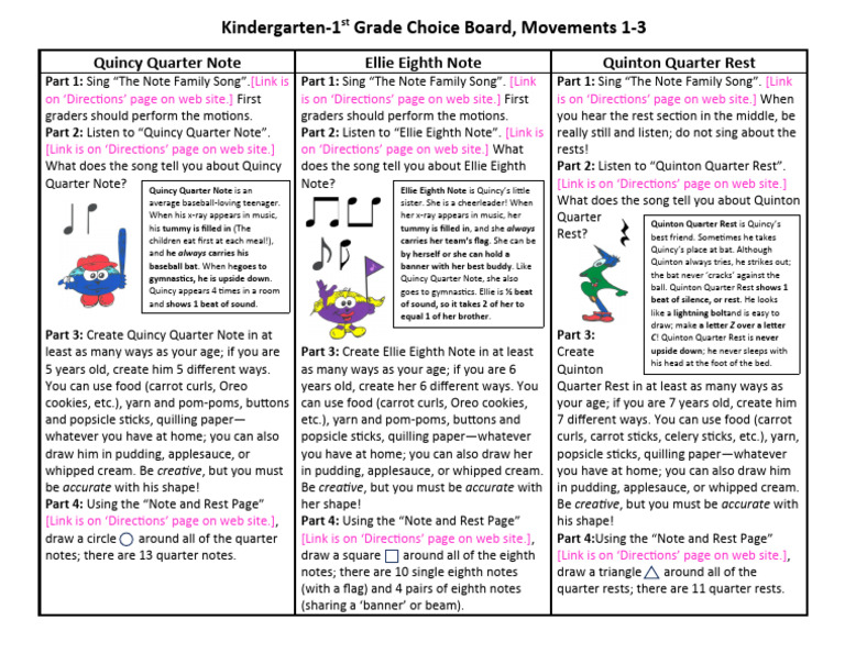 Kindergarten-1st Grade Choice Board Movements 1-3 | PDF