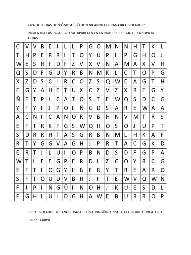 Sopa de Letras: Don Nicanor y el Circo | PDF