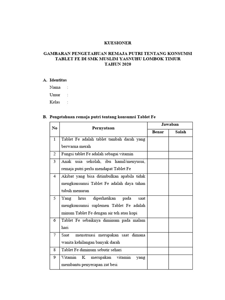 Kuesioner Tablet Fe | PDF