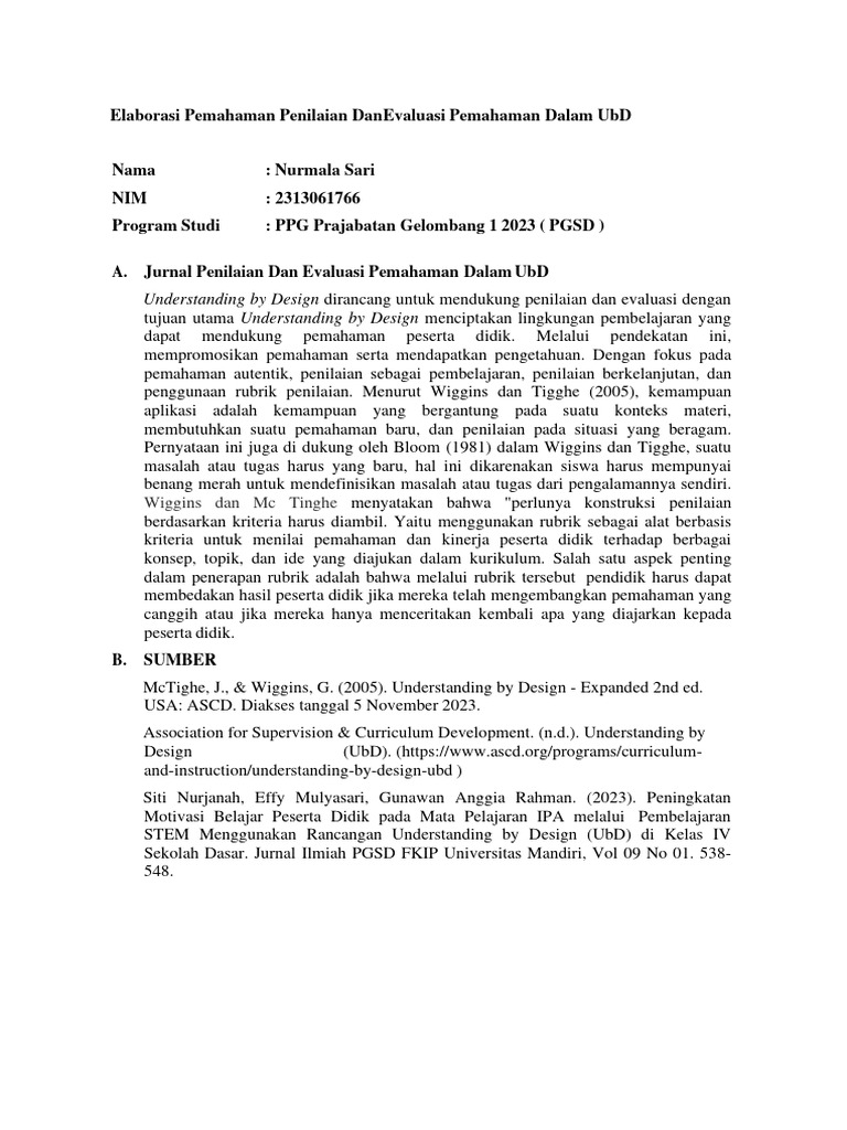 Nurmala Sari. Elaborasi Pemahaman.T4.Penilaian Dan Evaluasi Pemahaman Dalam UbD - Kurikulum | PDF