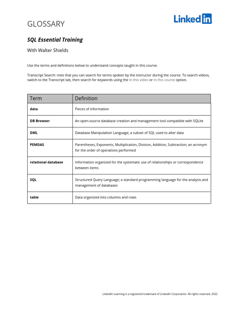 SQL Essential Training Glossary | PDF