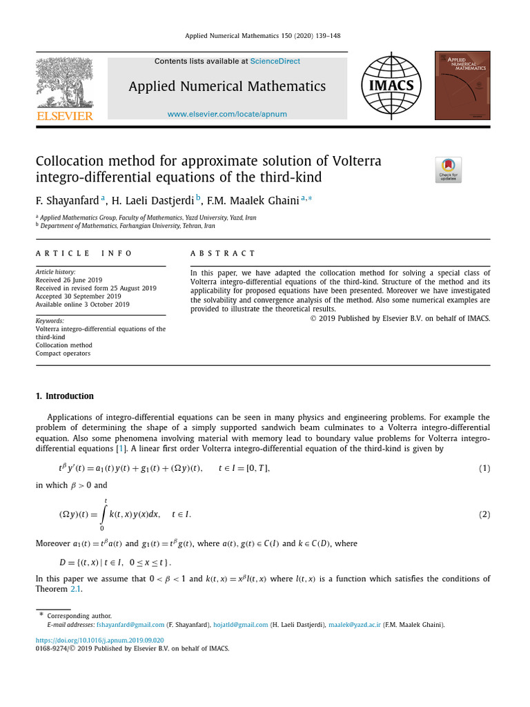 Collocation Method For Approximate Solution Of Volterra 2020 Applied Numeric Pdf