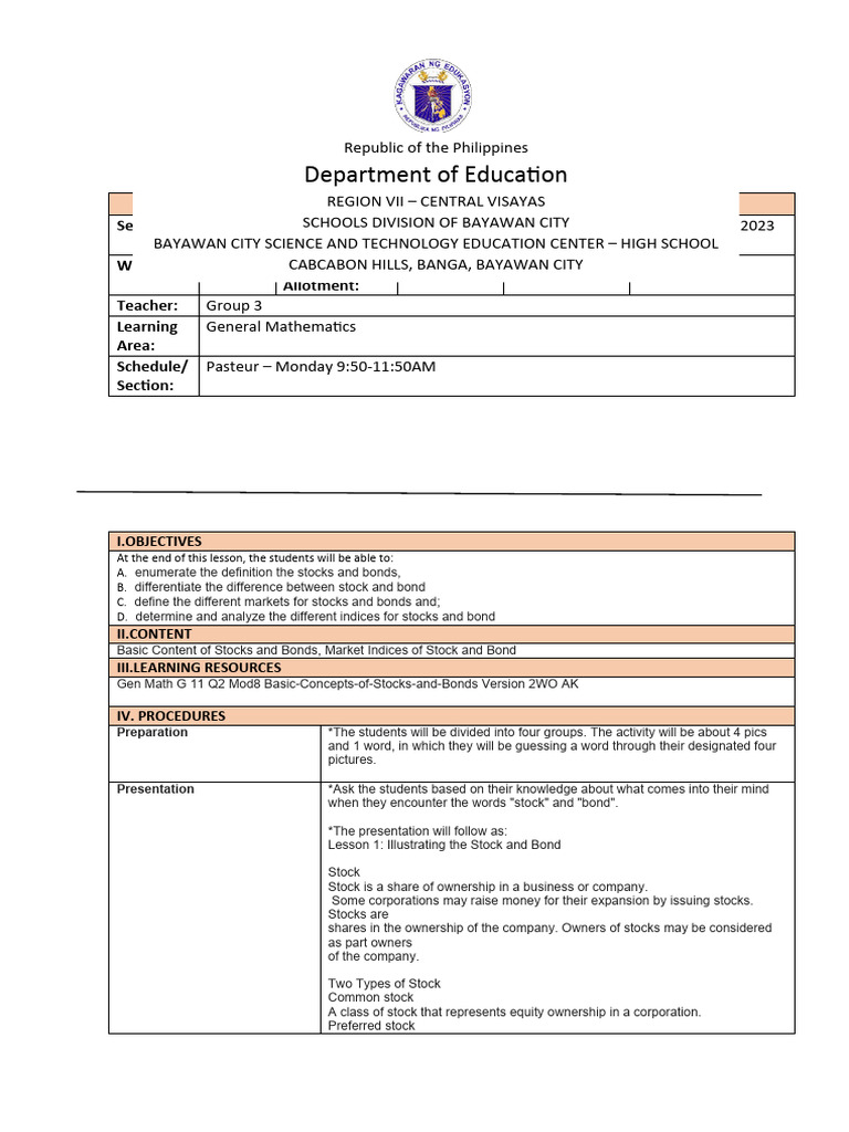 Lesson Plan Group 3 Pdf Stocks Bonds Finance