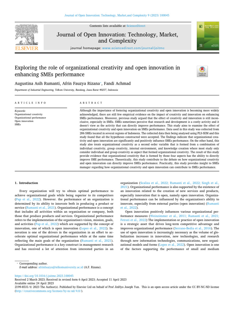 Exploring The Role Of Organizational Creativity And Open Innovation In