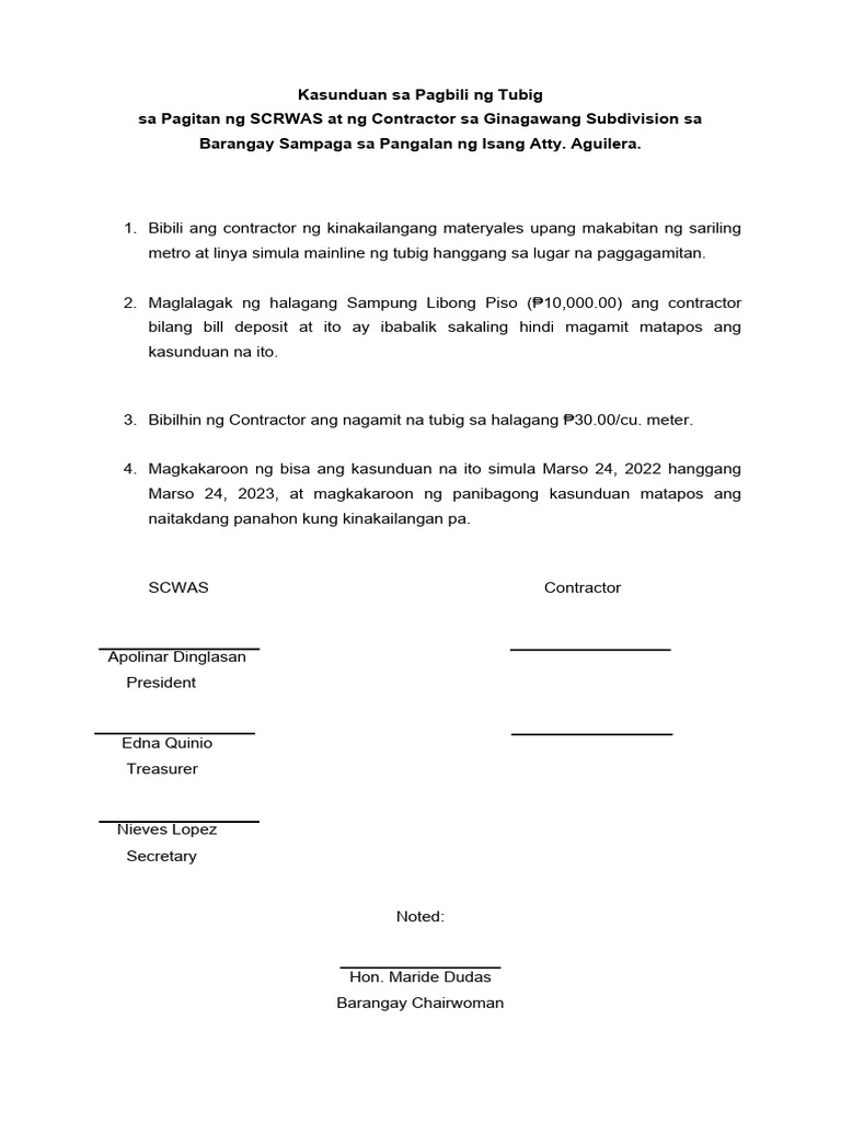 Kasunduan Sa Pagbili NG Tubig | PDF