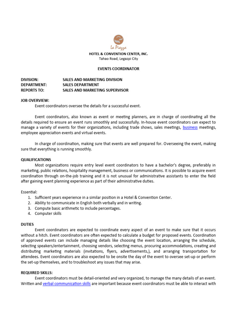 Event Coordinator Job Description | PDF | Business