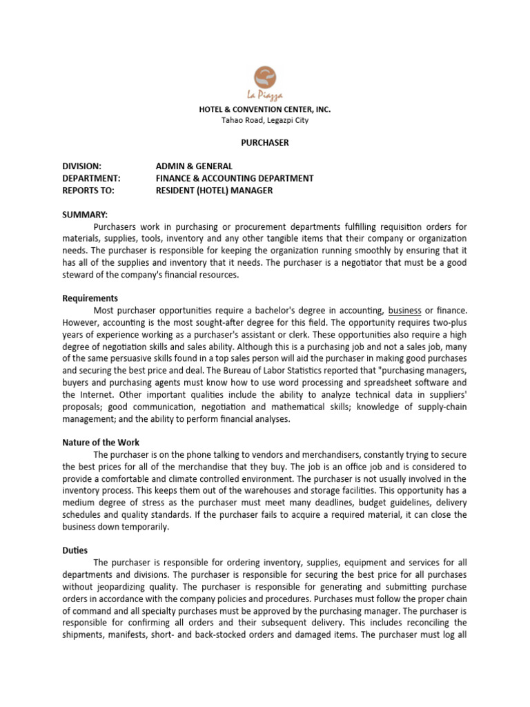 Job Description - Purchaser | PDF | Procurement | Sales