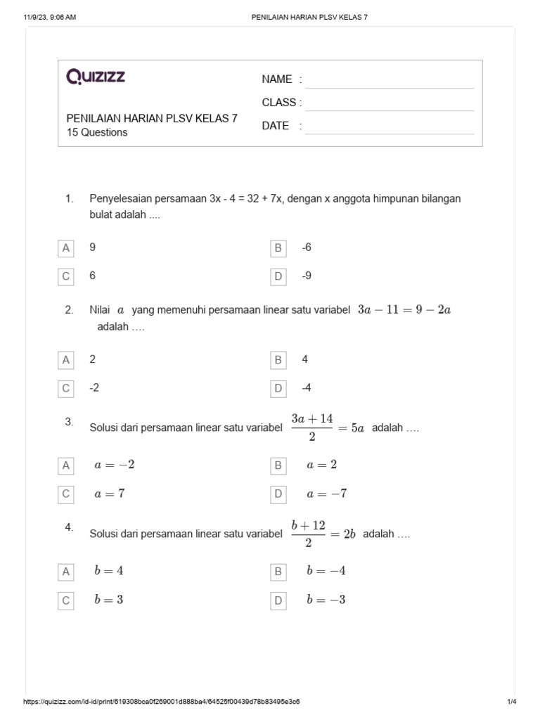 Soal PLSV Kelas 7 | PDF | Metode & Bahan Ajar