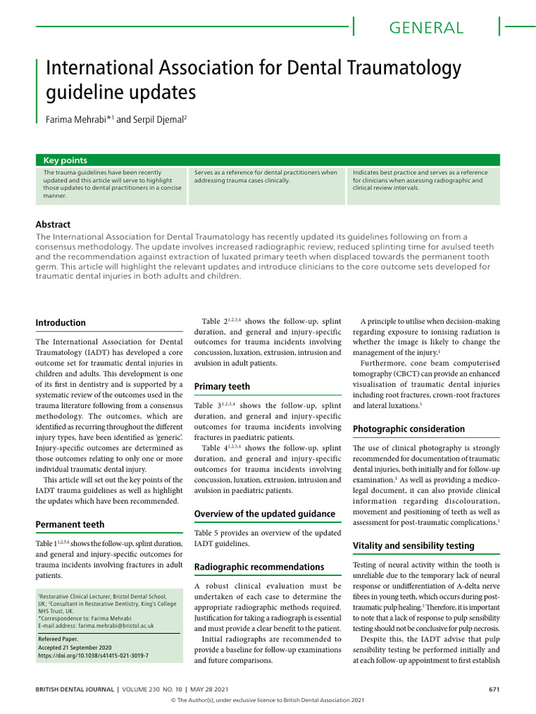 IADT Guidlelines Update | PDF | Health Sciences | Tooth