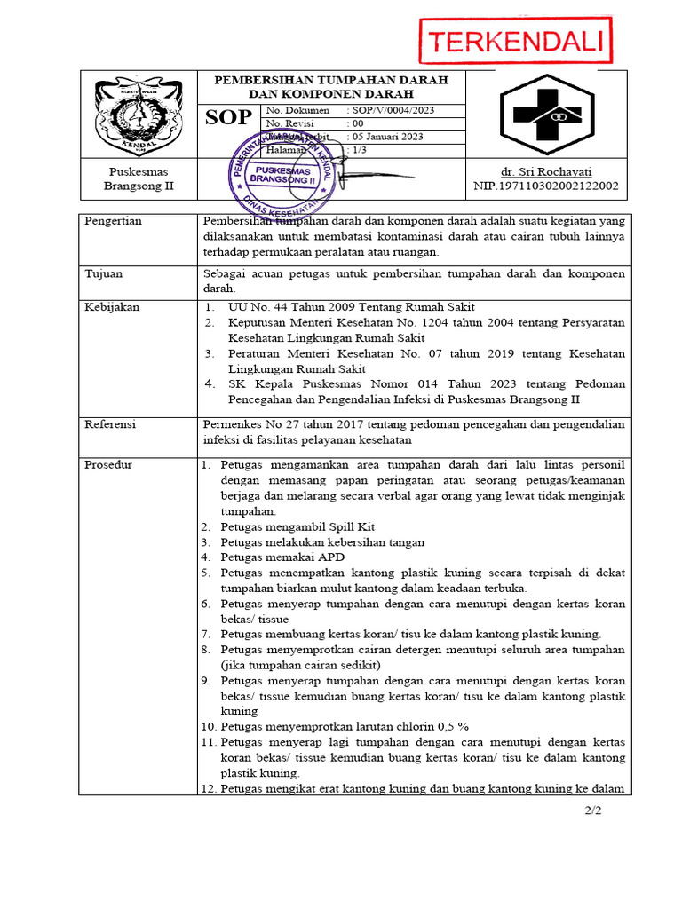 Sop Penanganan Tumpahan Darah | PDF