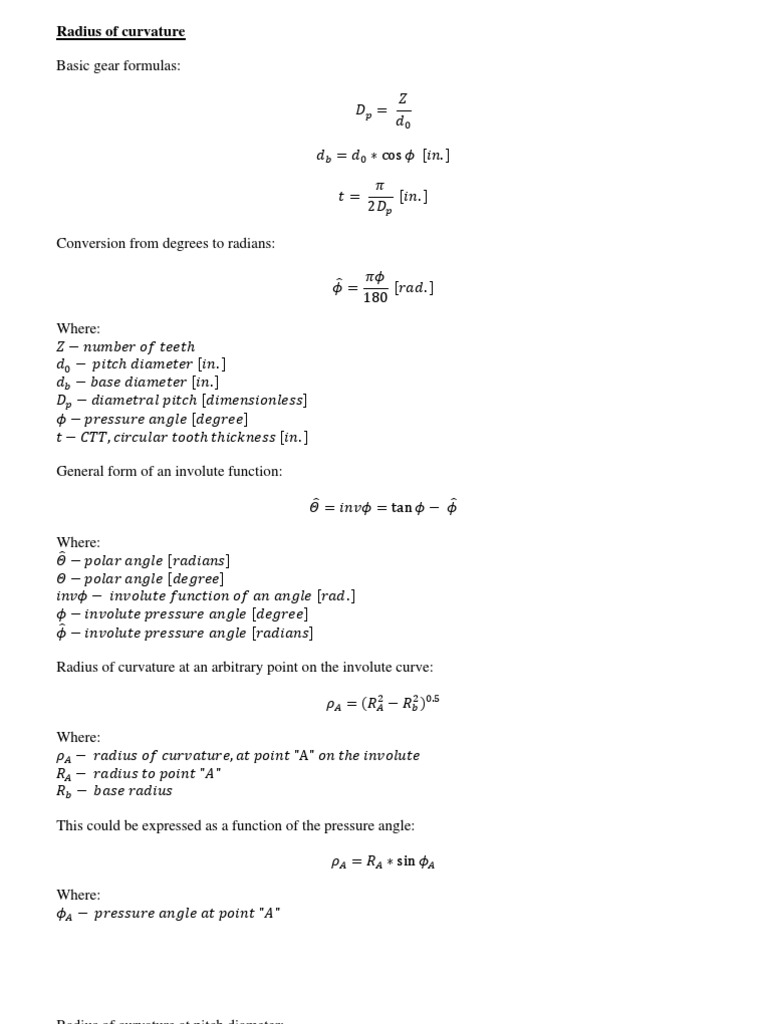Involute Function Formulas - Radius of Curvature | PDF | Teaching ...